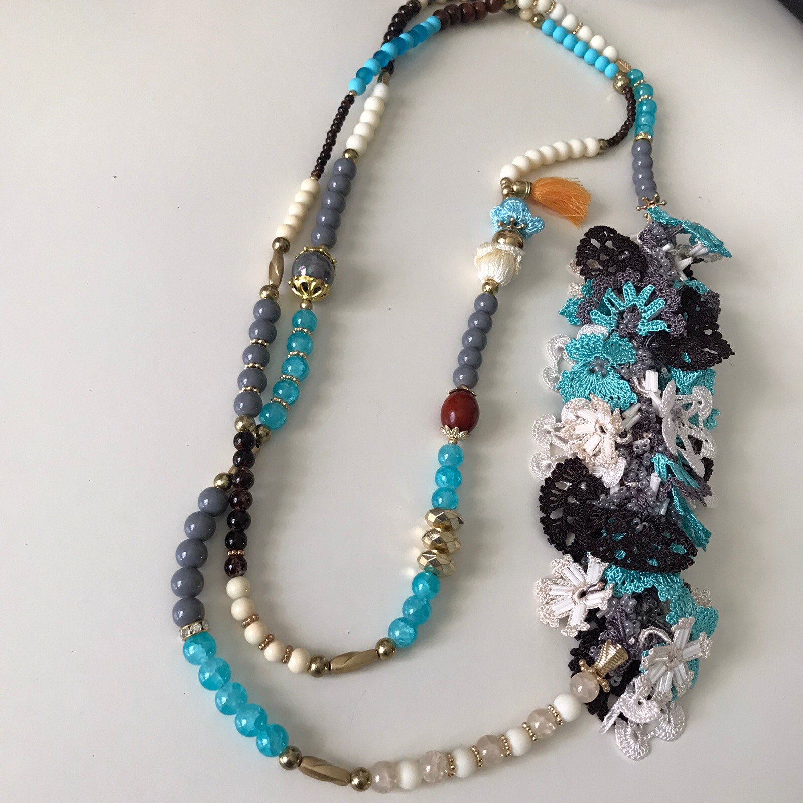 Blue Brown Crochet Choker, Crochet Collar, Boho Circle Necklace, Oya ...