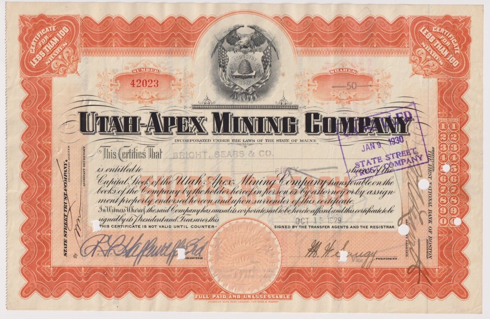 Utah-Apex Mining Company Stock Certificate Maine Orange | eBay