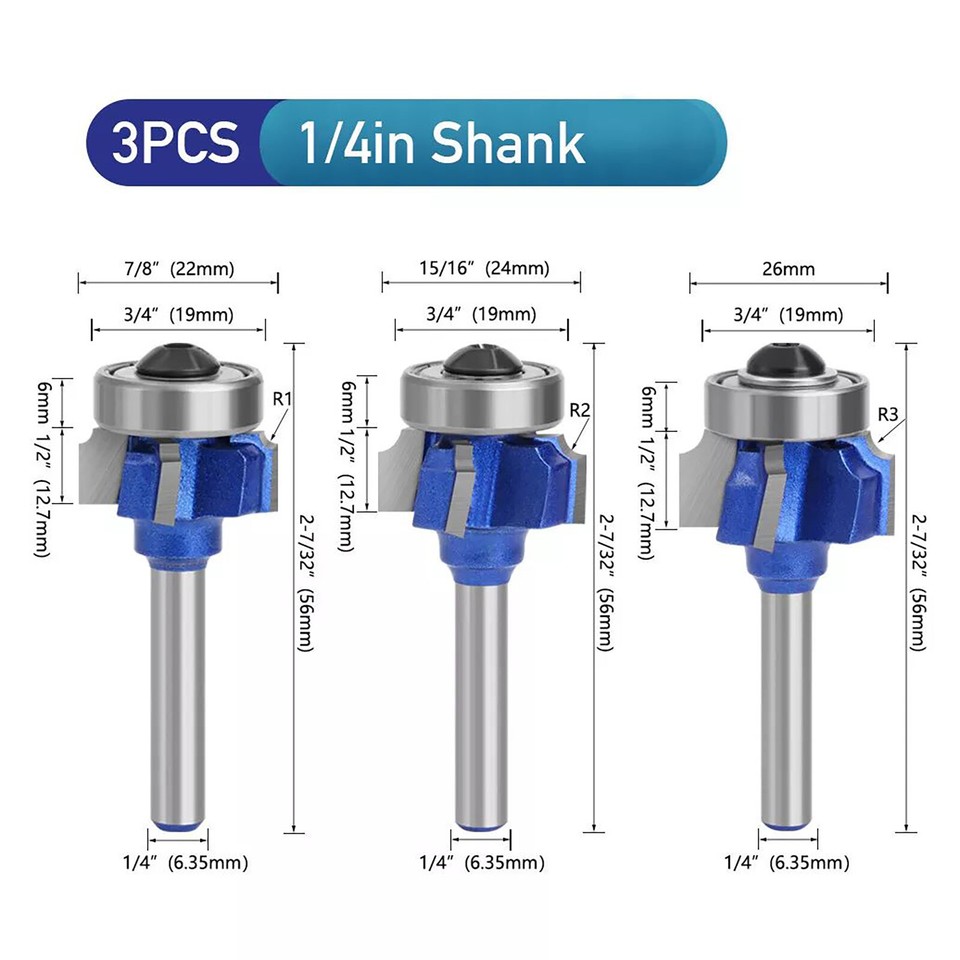 1/4" Shank Round Over Edge Profile Router Bit Woodworking Milling ...