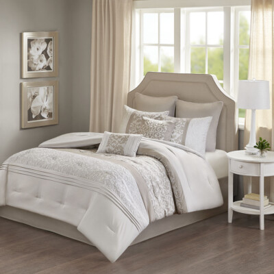 BEAUTIFUL MODERN ELEGANT IVORY NEUTRAL LEAF BEIGE SOFT COMFORTER SET ...