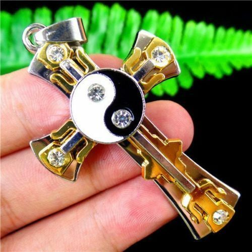 large CROSS GOLD YIN YANG JESUS 925 Sterling Silver ROPE 22" Chain ...