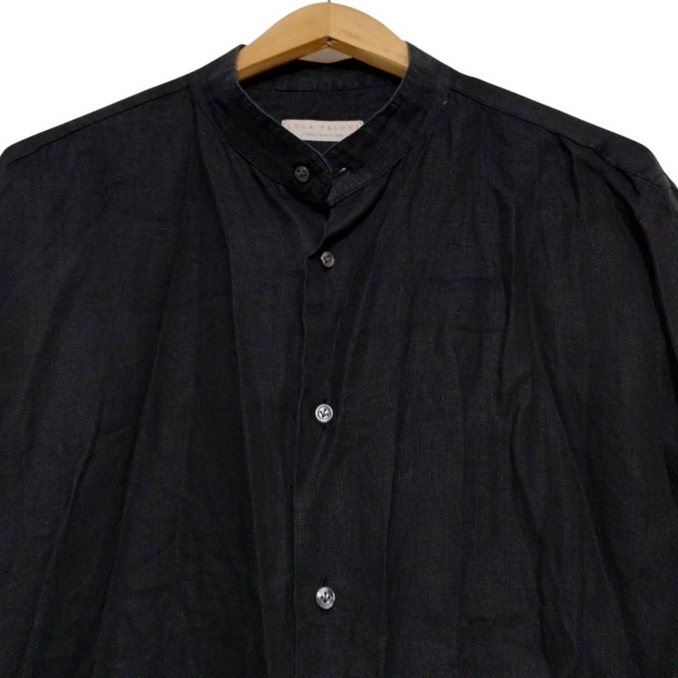 Luca Faloni Men's Size 45/18 Black Collarless Long Sleeve Linen Shirt ...