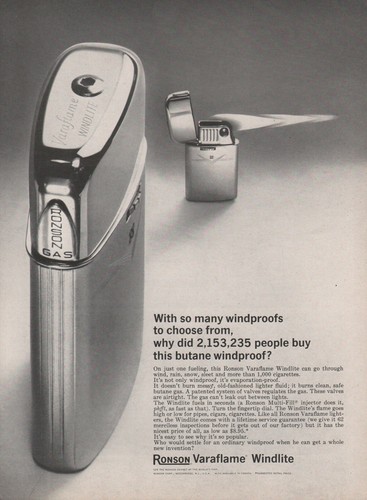 1965 Vintage RONSON Varaflame Windlite Butane Cigarette Lighters Print ...