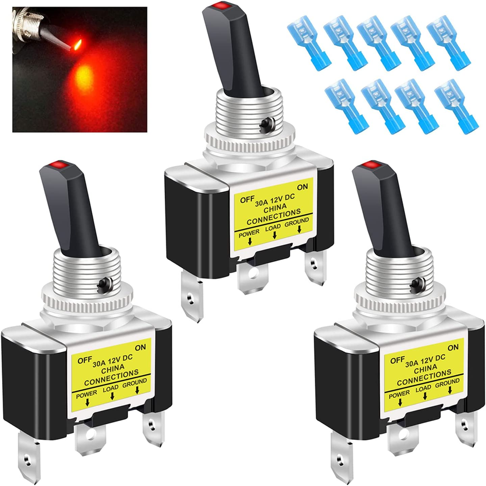 Twidec/3Pcs Rocker Lighted Toggle Switch 30A 12V DC SPST On/Off 3Pin ...