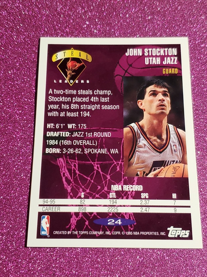 1995-96 Topps Steal Leaders John Stockton Card #24 Utah Jazz Basketball ...