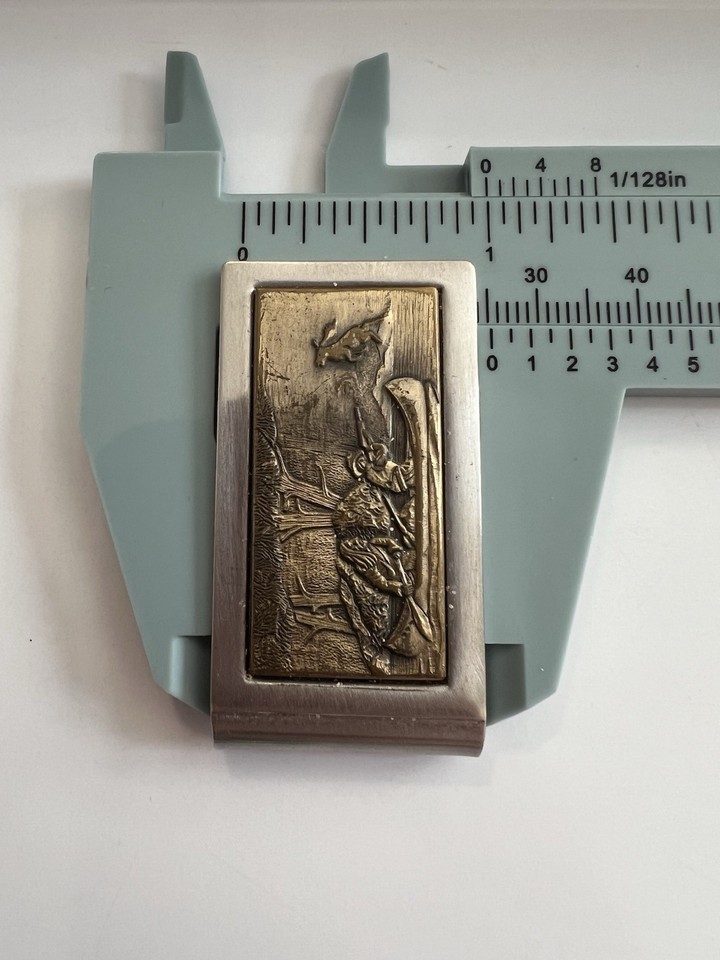Vintage Silver Tone Brass Money Clip Canoe Hunting Scene Elk Moose Two ...