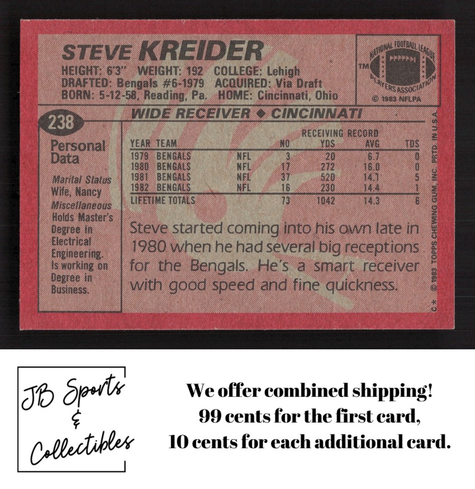 1983 Topps Steve Kreider #238 Cincinnati Bengals | eBay
