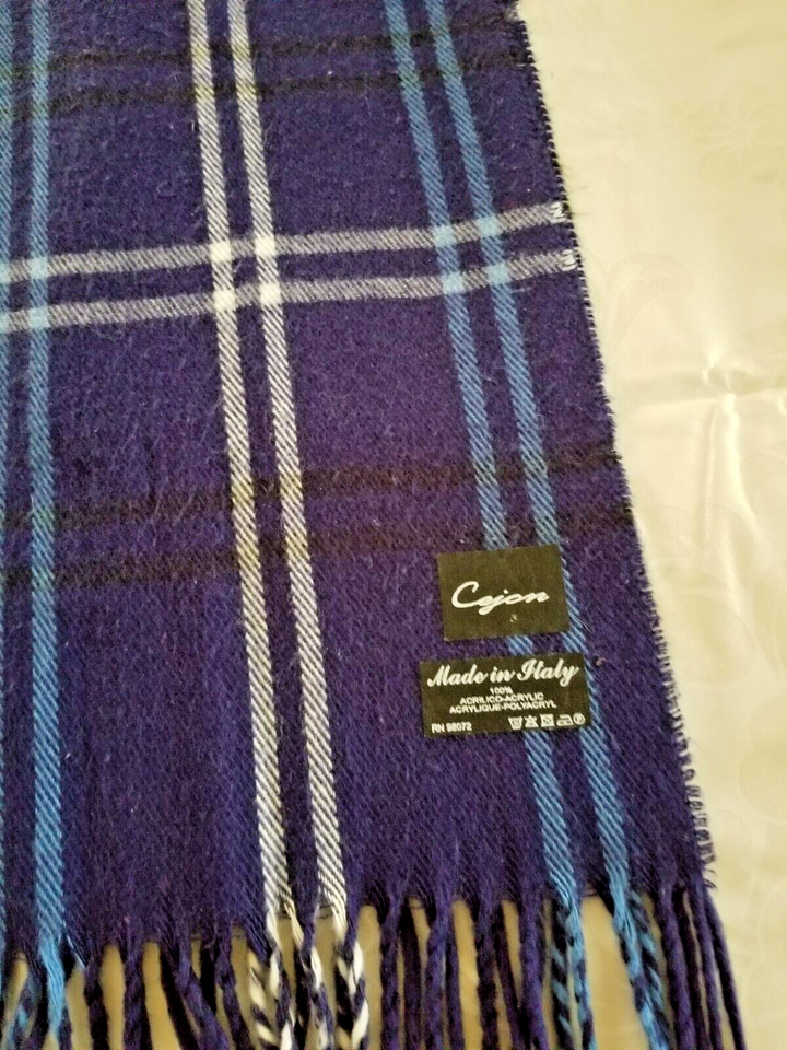 Cejon Scarf Italy Colorful Blues White Plaid With Fringe Soft NWOT 11 x ...