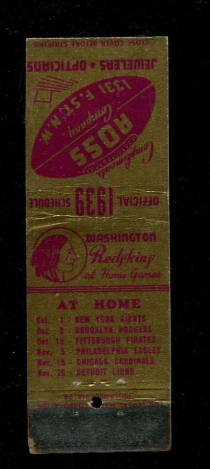 1939 Redskins Matchbook Clem Stralka With Striker SHARP! TOUGH! | eBay