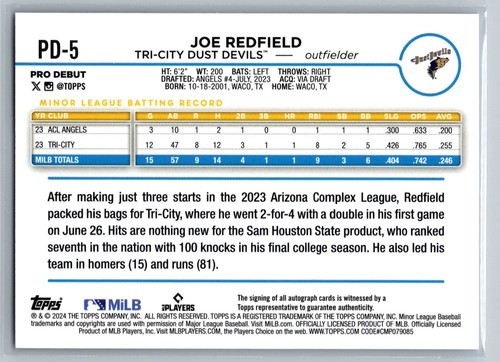 2024 Topps Pro Debut #PD-5 Joe Redfield Autographs | eBay