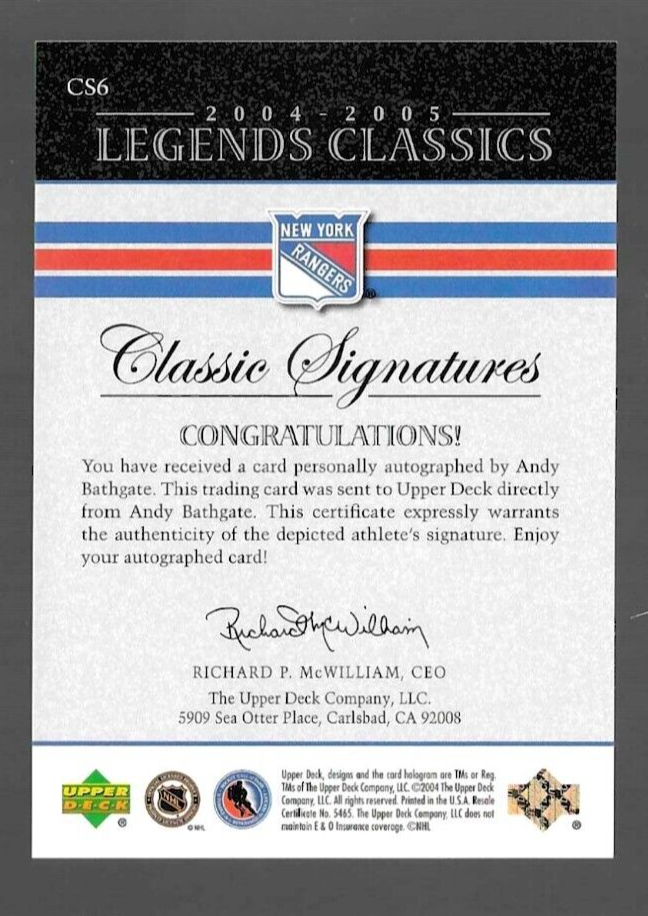 ANDY BATHGATE 2004-05 UD LEGENDS CLASSICS ON CARD AUTOGRAPH auto CS6 | eBay