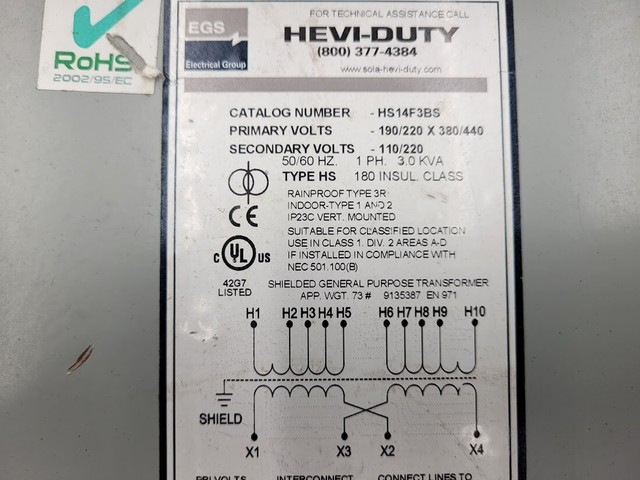 Emerson Hevi-Duty Transformer HS14F3BS 3kVA Pri 190/220x380/440V Sec ...