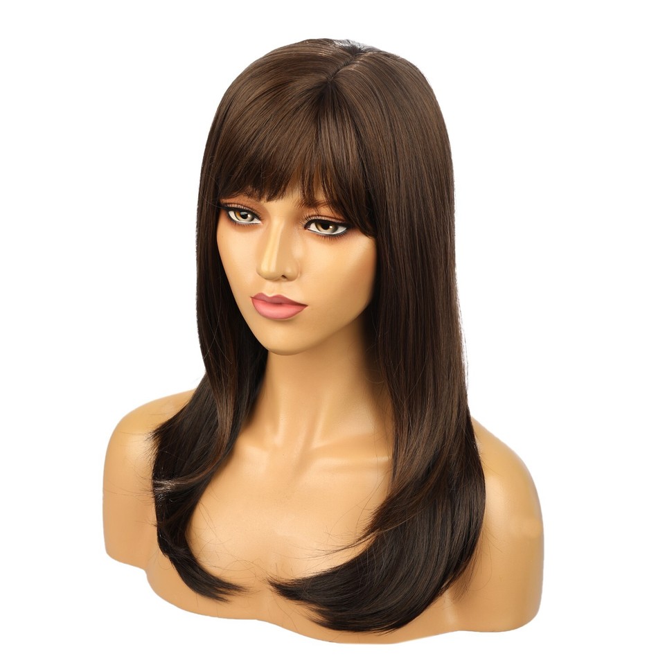 55cm Brown High Temperature Fiber Hair Wigs With Bangs Women Hairpieces ...