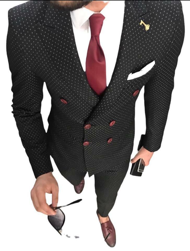 Designer Two Rows of Buttons Suit Black White Polka Dotted Fitted Slim ...
