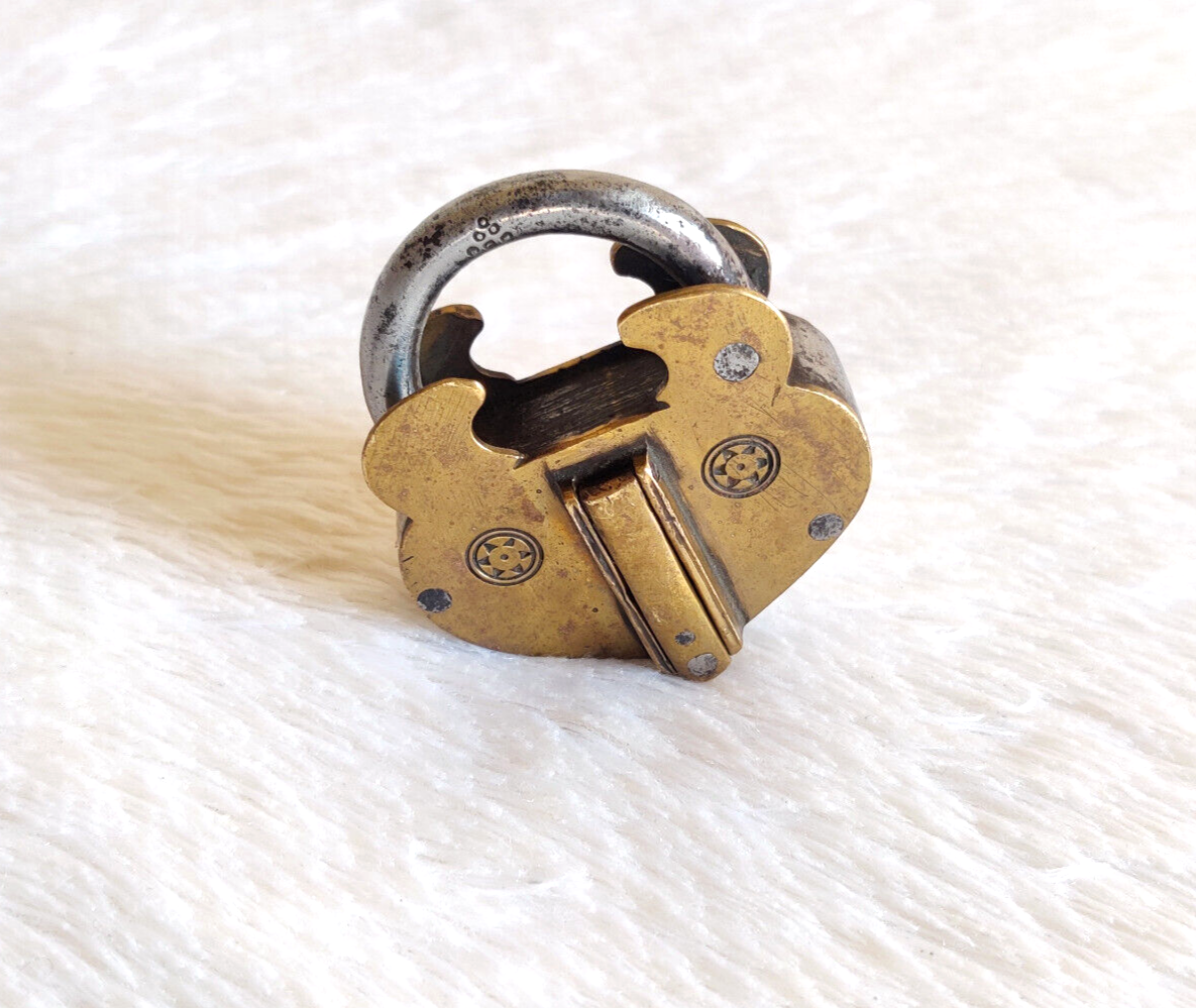 19c Vintage Handmade Unique Shape Hidden Key Hole Brass Tricky Padlock ...