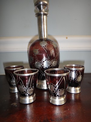 Antique Sterling Silver Overlay Free Blown Glass Cordial Set Amethyst ...