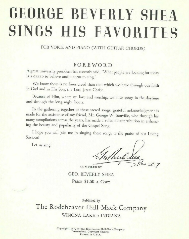 Geo Beverly Shea SONGBOOK Favorites 47 Sacred Songs George 1950s Austin ...