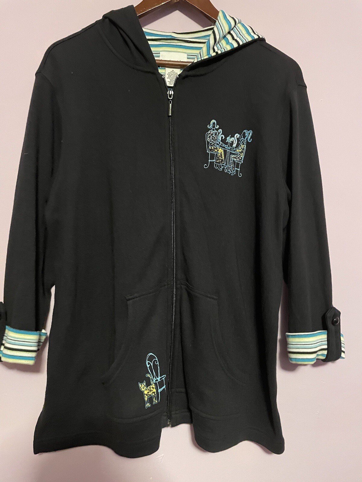 Breckenridge Full Zip Cat Cafe Sweatshirt Women 1x Striped Flip Cuff ...