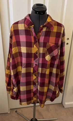 LANE BRYANT Burgundy Gold Buffalo Check Roll-Tab Sleeve Blouse Top 18 / ...