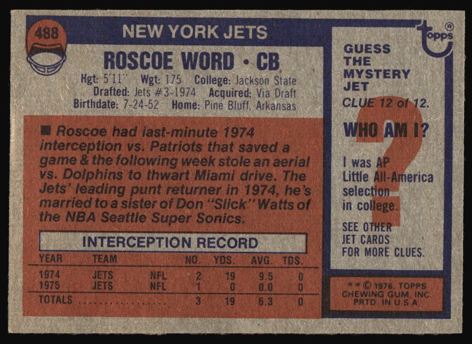 1976 Topps Roscoe Word Rookie #488 New York Jets | eBay