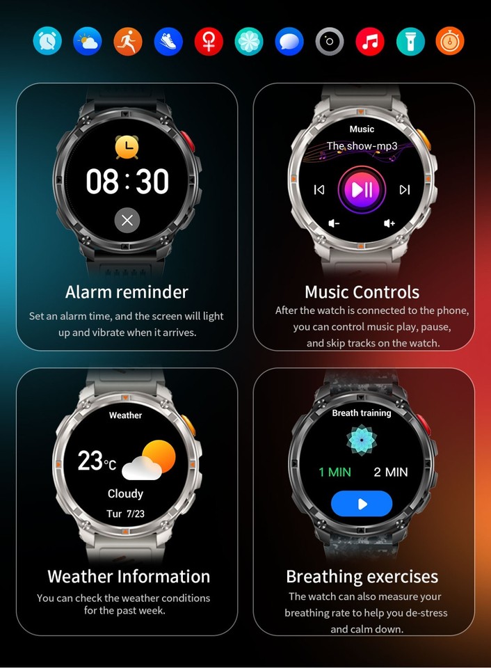 1.7" Smart Watch Compass 1100mAh 3ATM Waterproof Fitness Tracker BT ...