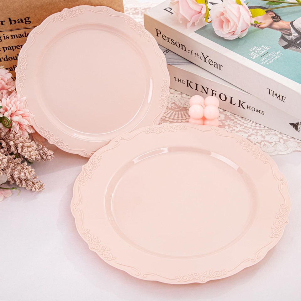 U-QE 100PCS Mauve Pink Plastic Dinner Plates and Dessert Plates, | eBay