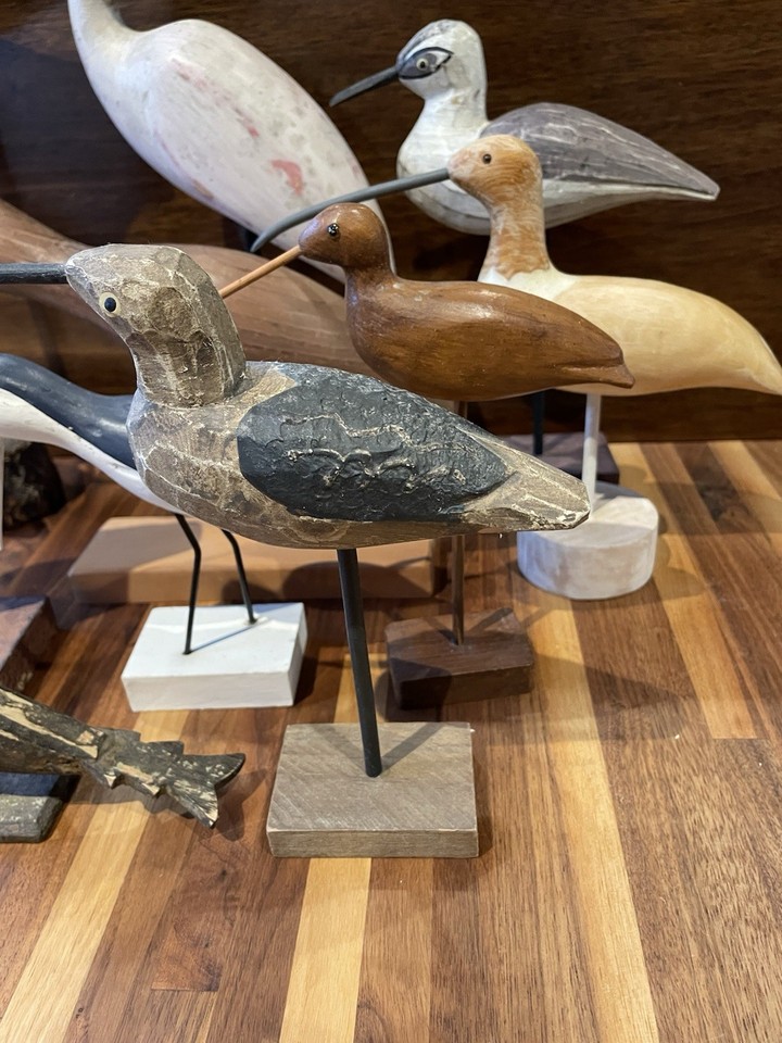 Lot Of 12 Vintage Wood Hand Carved Shorebird Decoy Wooden Base Beach ...