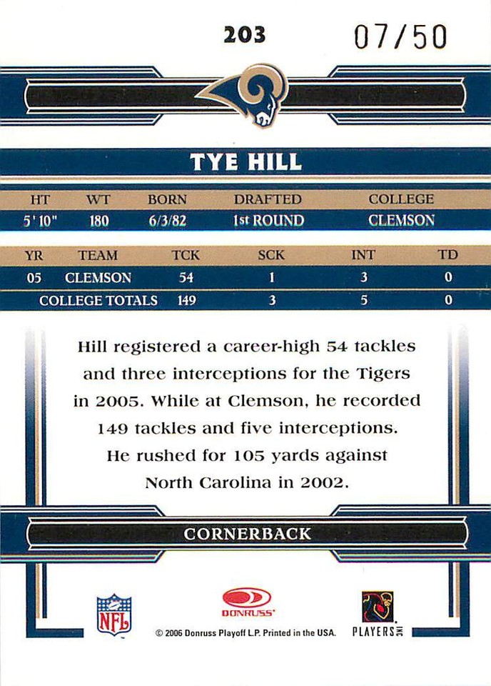 TYE HILL 2006 Donruss Threads ROOKIE RC CENTURY PROOF GOLD /50 Rams ...