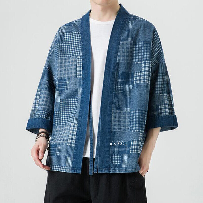 Mens Ethnic Kimono Yukata Open Front Denim Cardigan Jacket Bathrobe ...