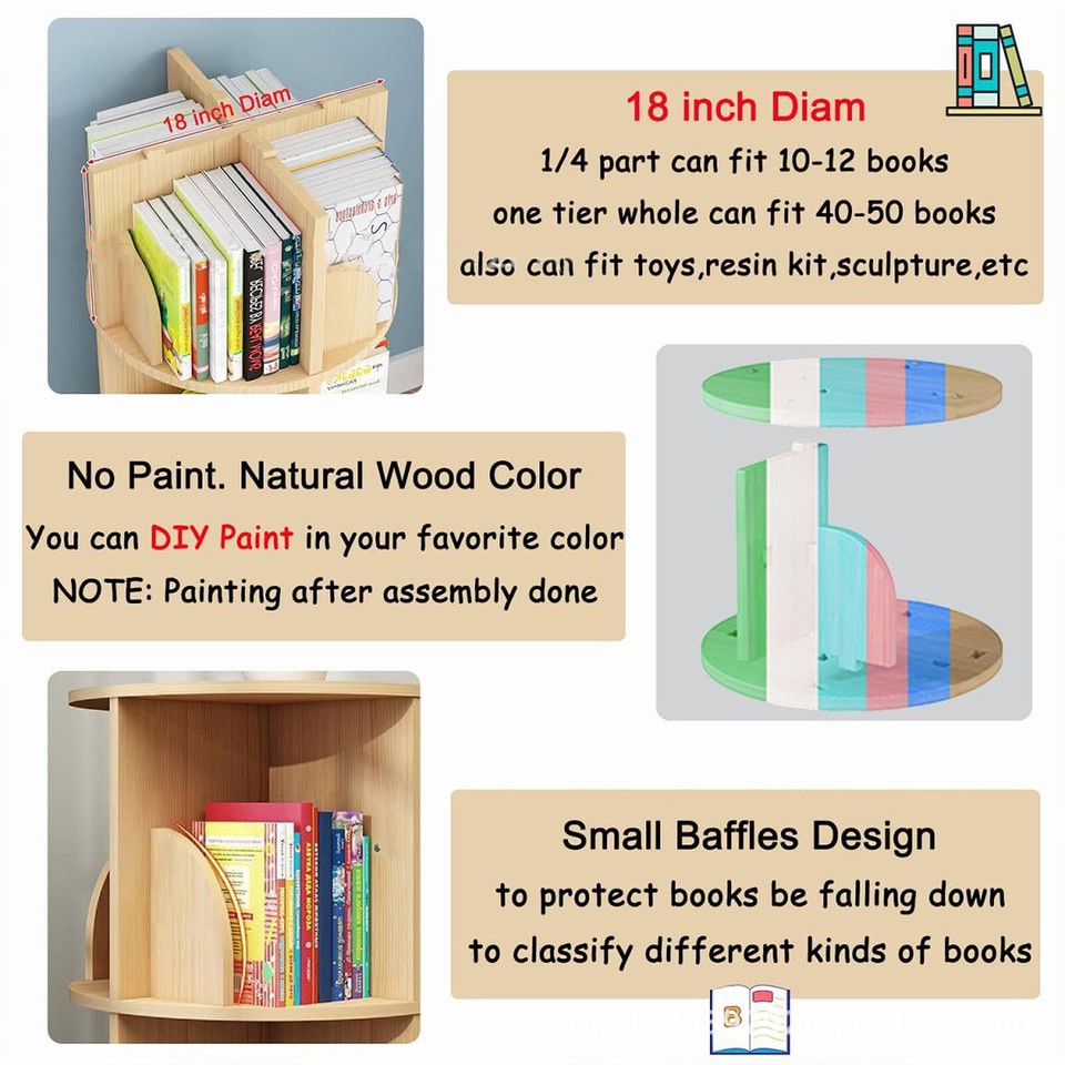 1-5 Tier Rotating Bookshelf 360°Solid Wood Spinning Bookshelf Revolving ...