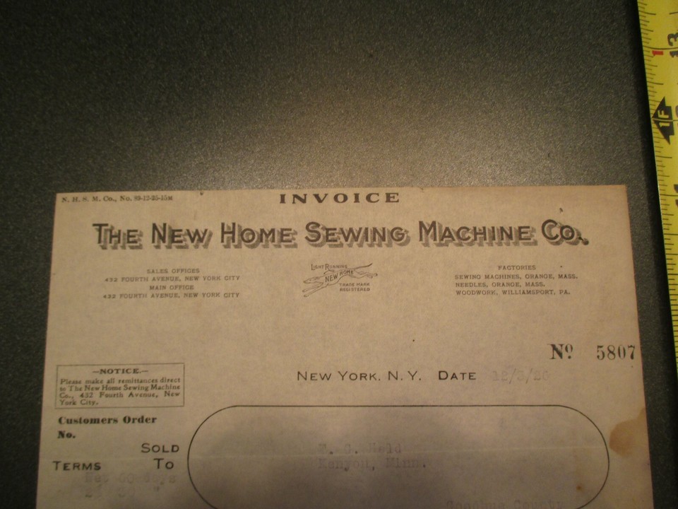 1926 New Home Sewing Machine co Invoice New York NY Letterhead 86 | eBay