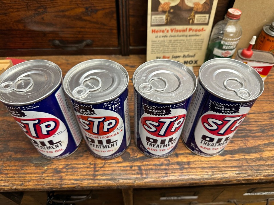 STP Gas Treatment Tin Oil Cans Sealed Lot of 4 Vintage Gasoline Secret ...