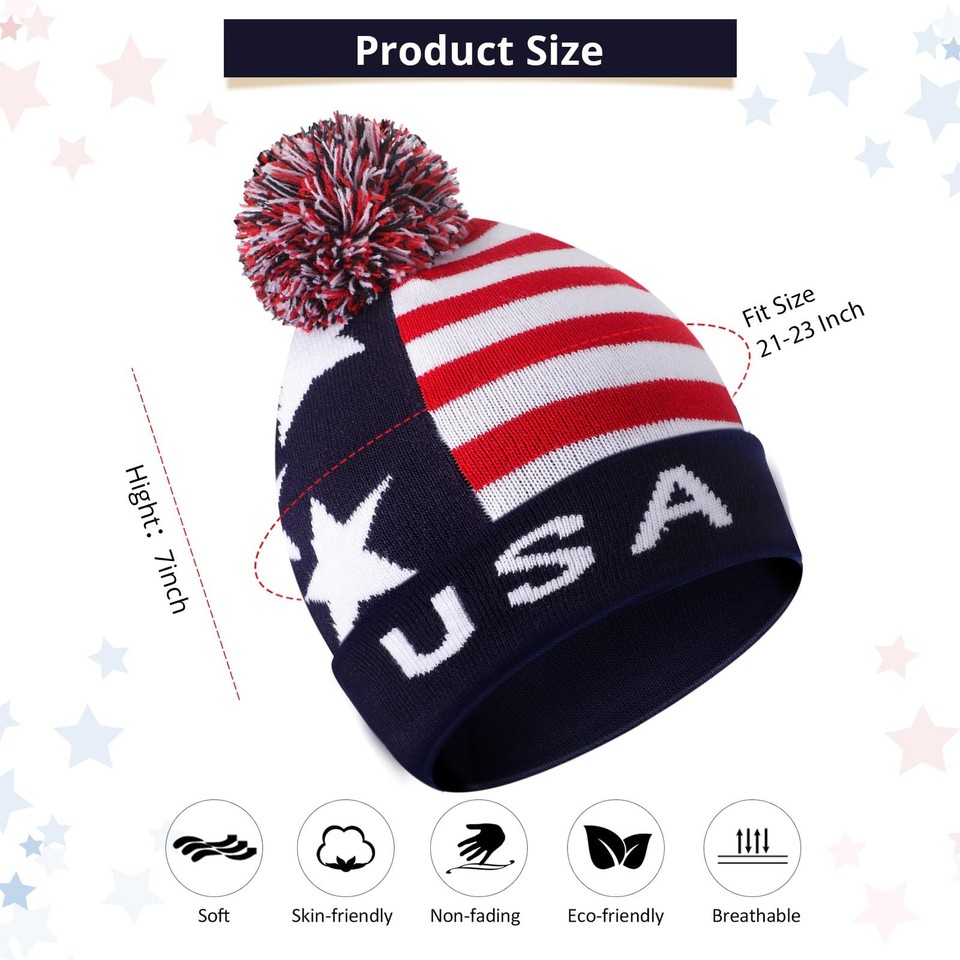 4 Pcs Winter Hat Flag Pom Knit Beanie Fun USA Hat Warm Cuffed Beanie ...