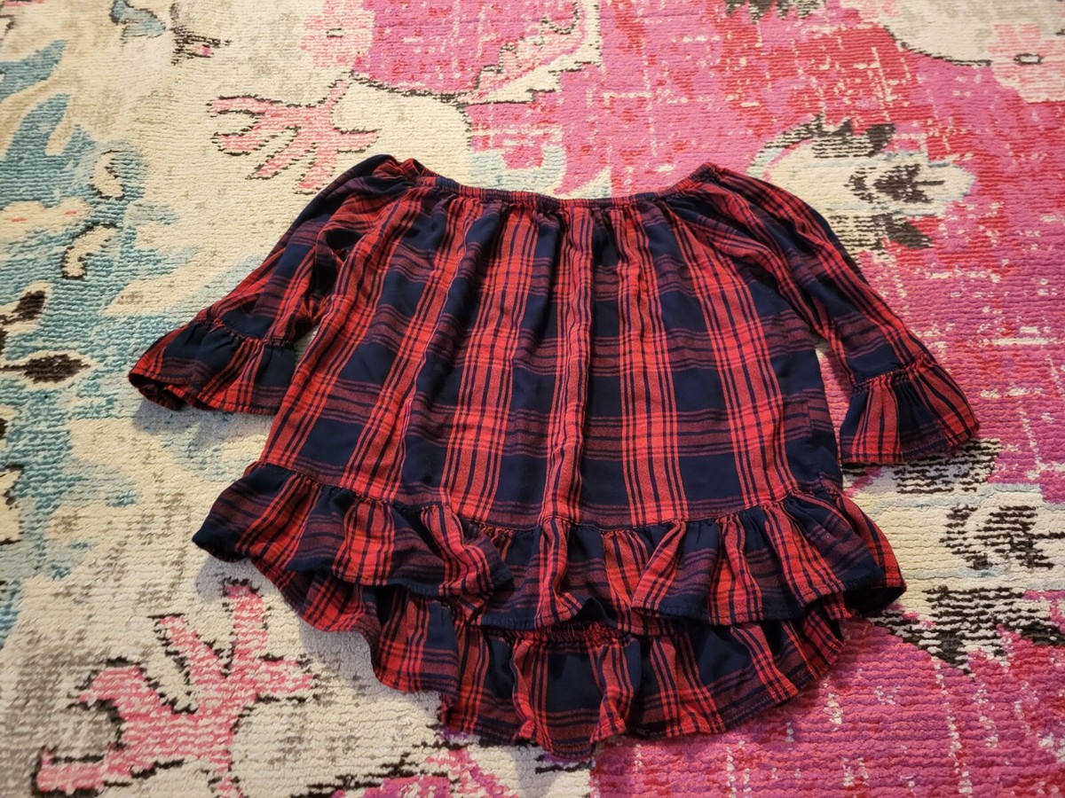 Red Plaid Ruffle Blouse Green Check Plaid Pocket Blouse With Contrast