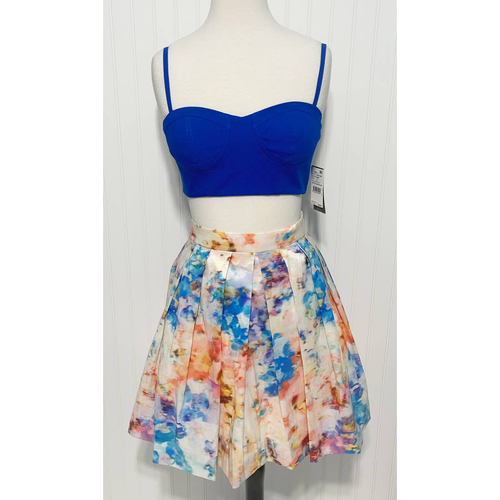 Aqua Bustier Crop Top Pleated Skirt Cutout Mini Dress Marble Print Blue ...