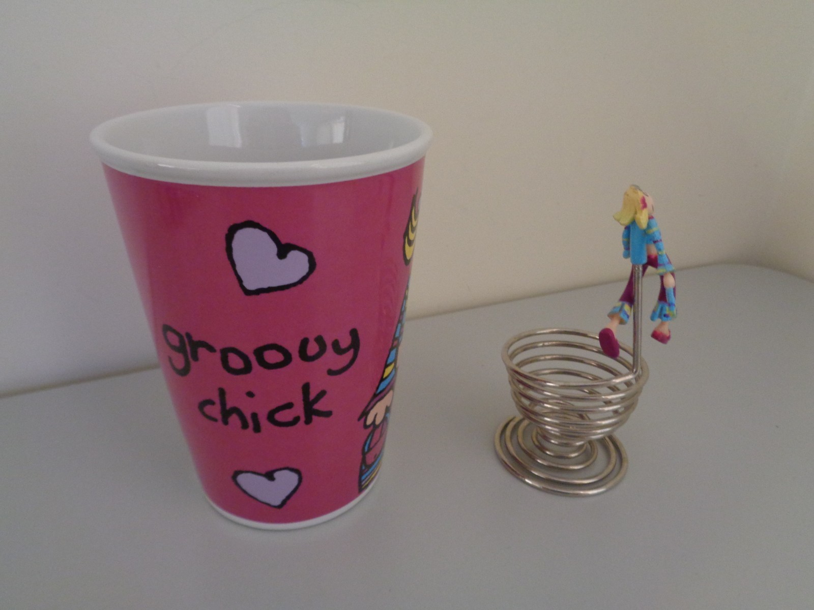 Groovy Chick Bang on the Door large coffee mug cup ceramic and wire egg ...
