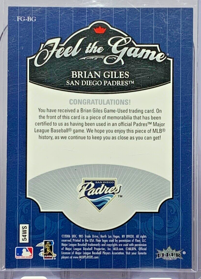 2006 Fleer Ultra Feel The Game #FG-BG Brian Giles GAME USED JERSEY ...
