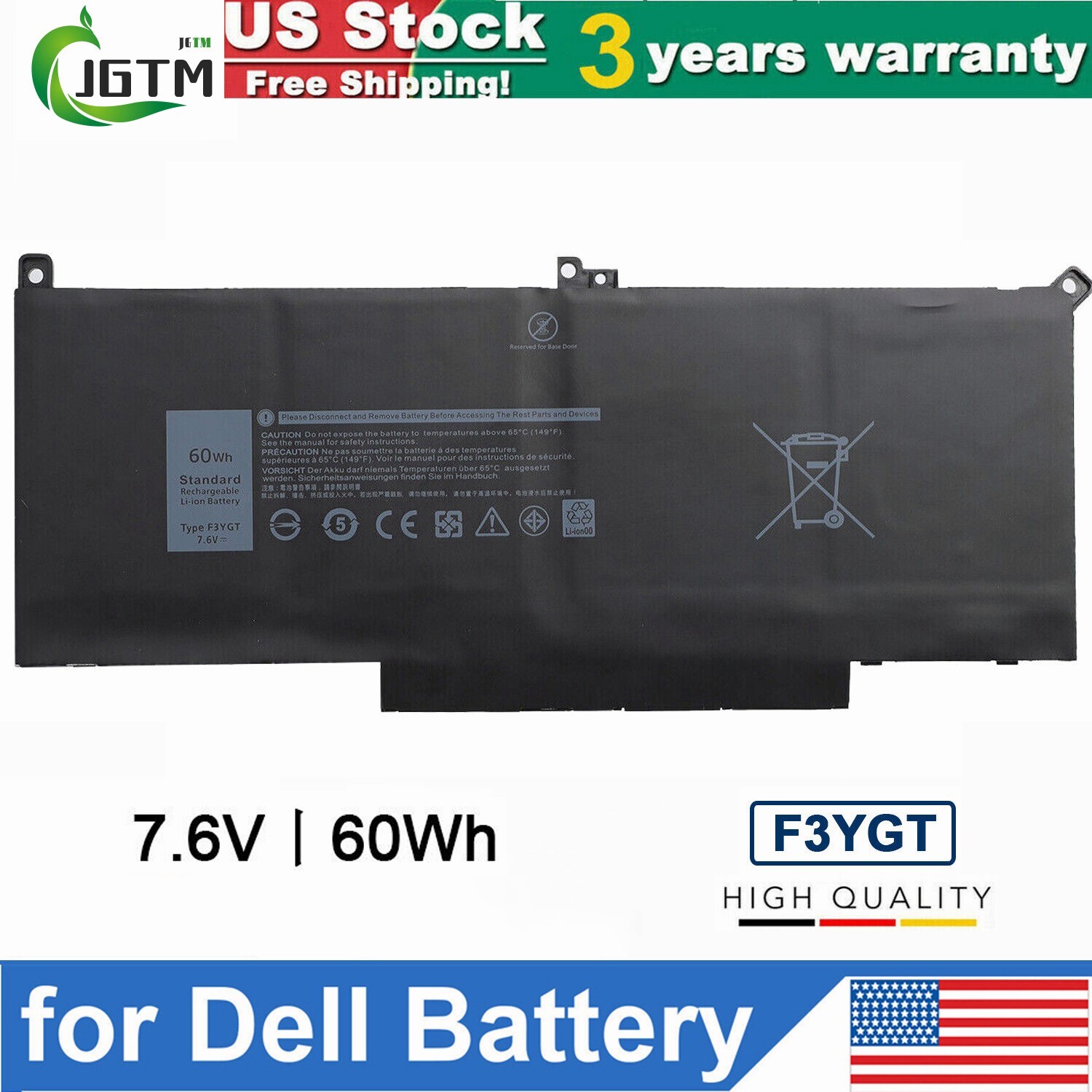 F3YGT DM3WC Battery For Dell Latitude 12 13 14 E7280 E7480 7480 7390 ...