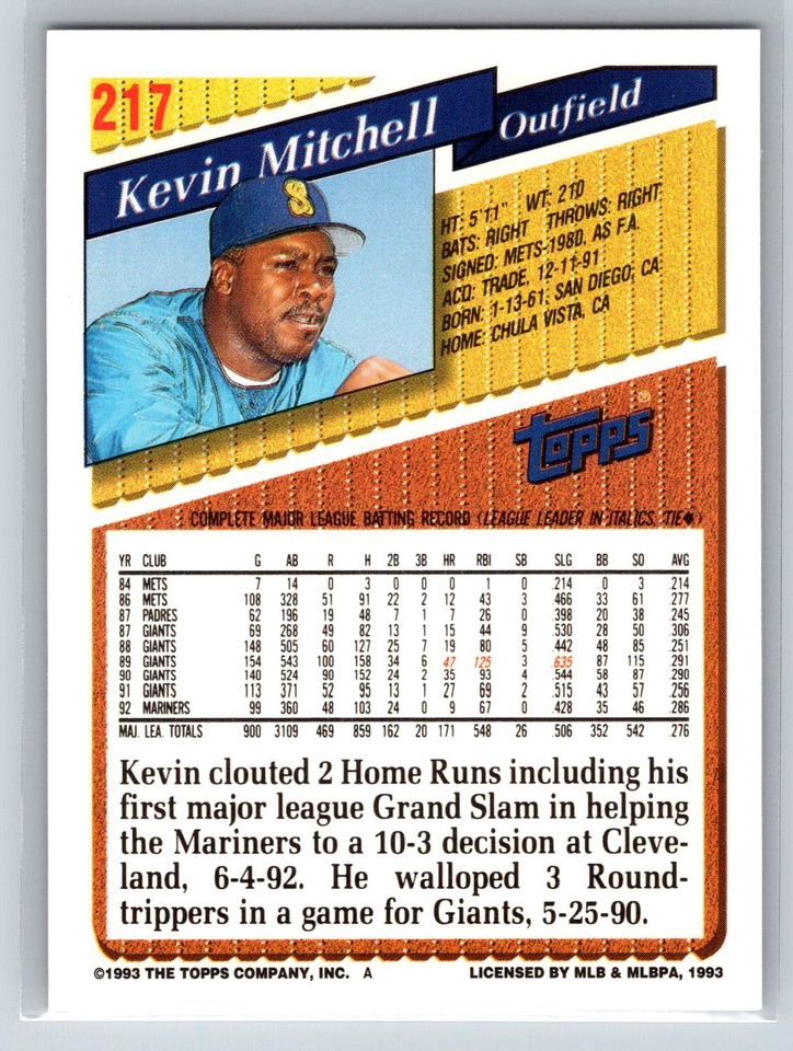 1993 Topps Kevin Mitchell Seattle Mariners #217 | eBay