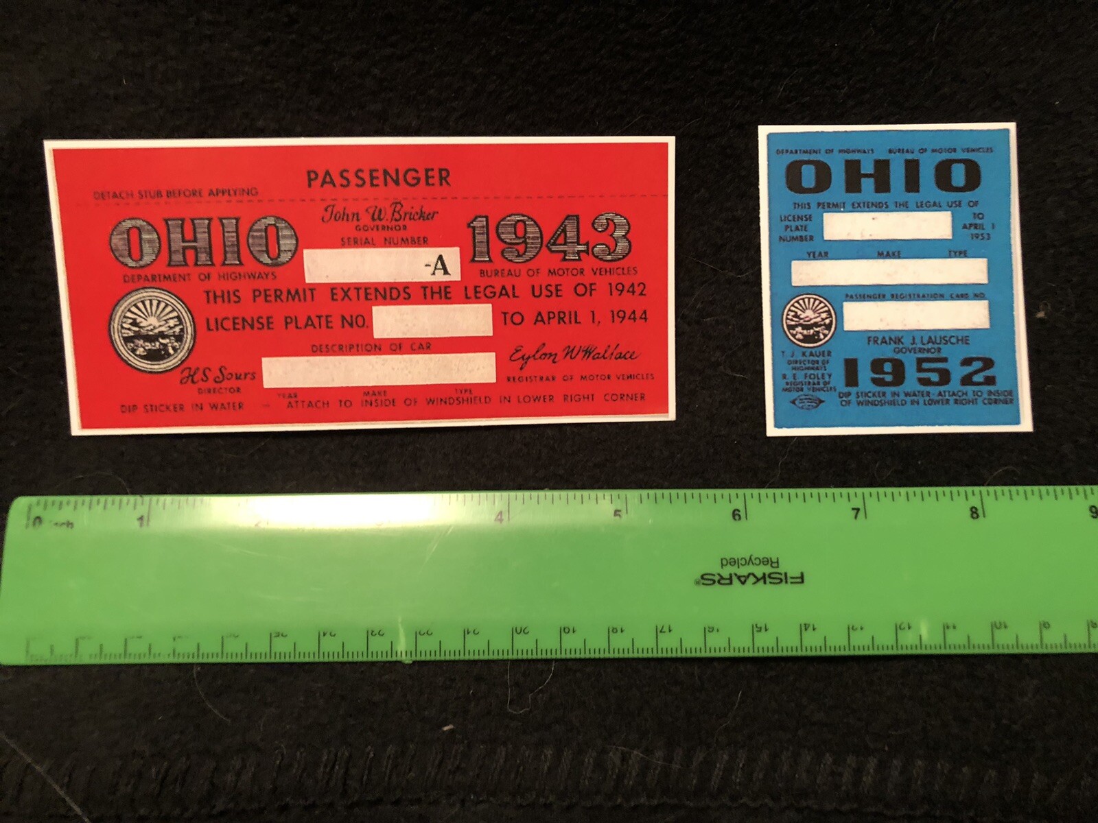 OHIO LICENSE PLATE WINDSHIELD STICKERS, One Set Of (1) 1943 & (1) 1952 ...