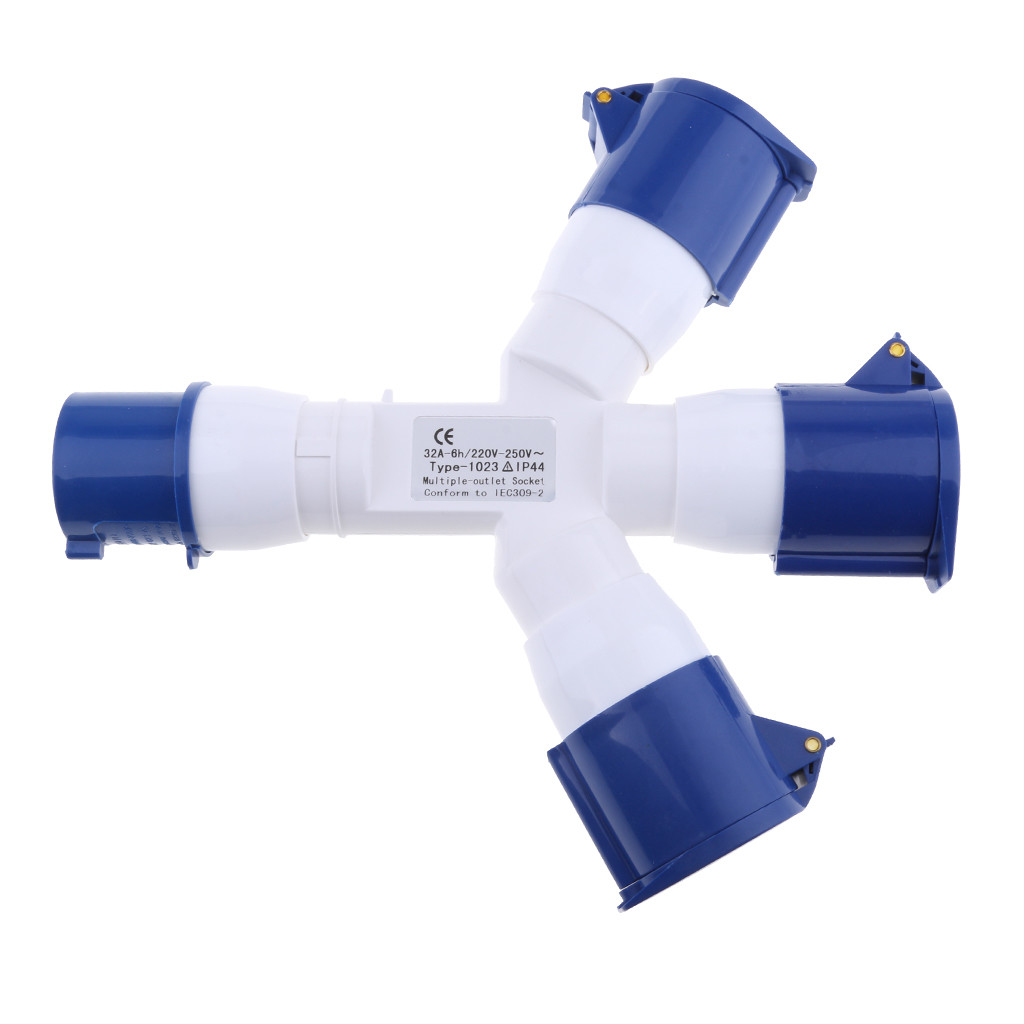 3 Way Splitter 220V 32A 3Pin Blue Industrial Plug Sockets Adaptor IP44 ...