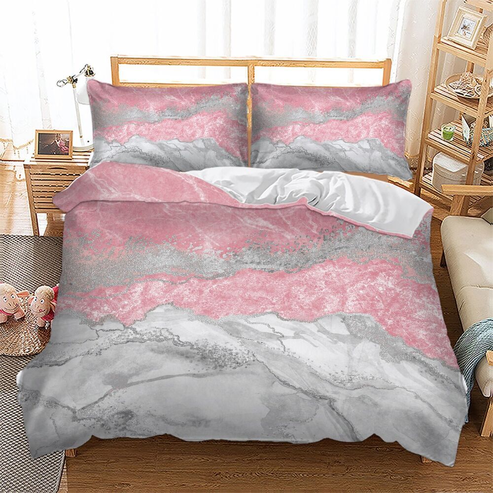 Pink Marble Floral Quilt Doona Duvet Cover Set Queen King Size New ...