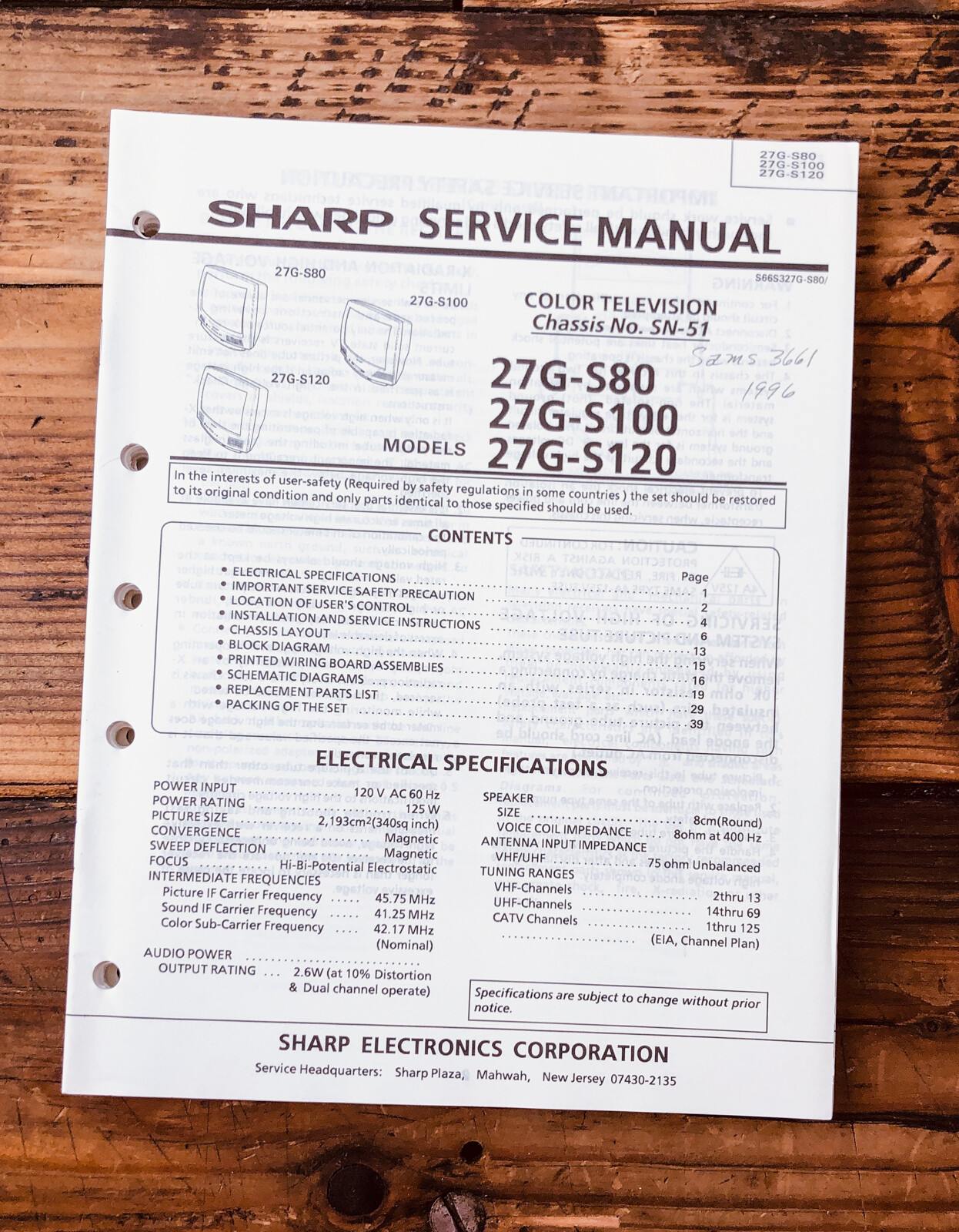 Sharp 27G-S80 -S100 -S120 SN-51 TV Service Manual *Original* #2 | eBay