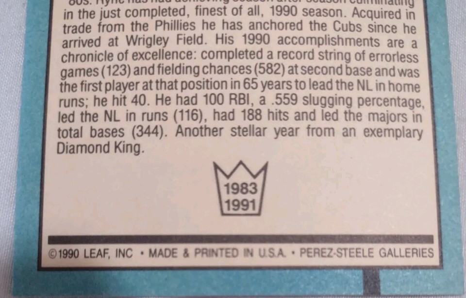 1990 Leaf Ryne Sandberg #14 ERROR&INK MISPRINT CARD MINT COND | eBay