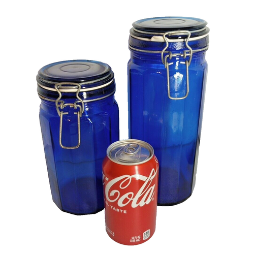 Vintage Cobalt Blue 10 and 8 inch Panel Glass Canister Jar Set Wire ...