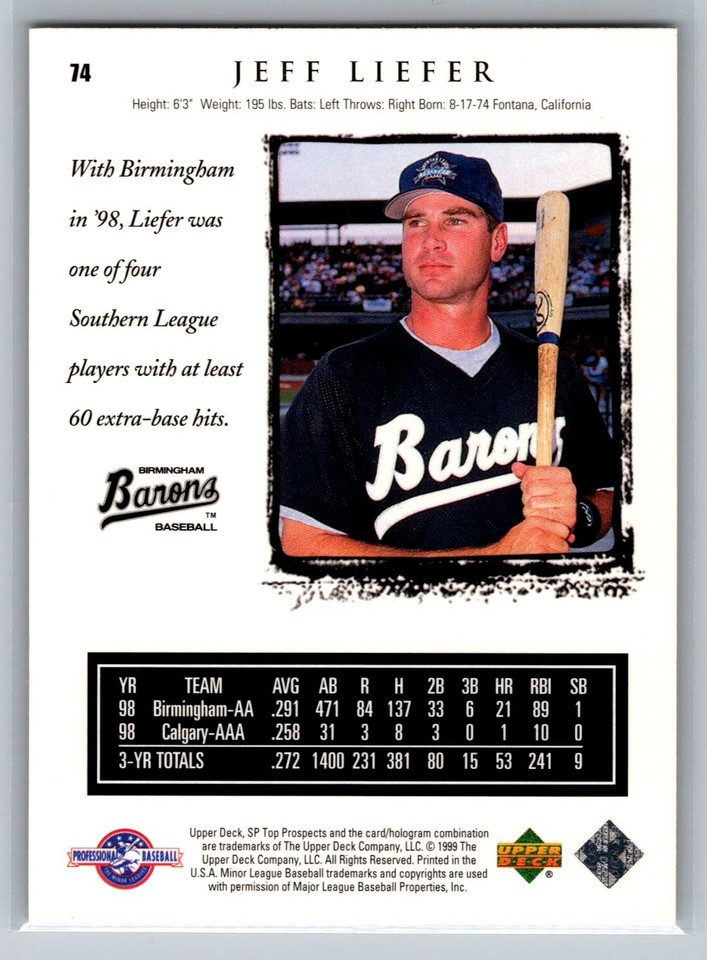 Jeff Liefer 1999 SP Top Prospects BASEBALL #74 Birmingham Barons | eBay