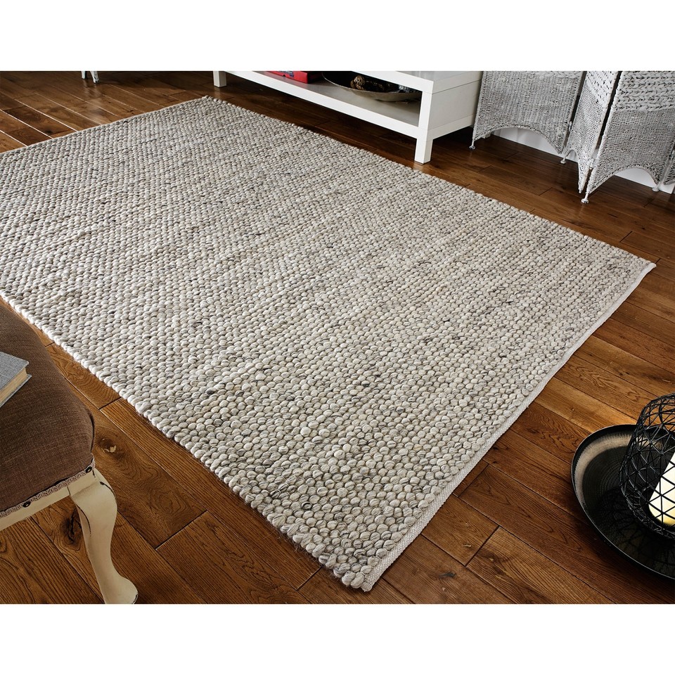 SMALL LARGE THICK LIGHT GREY PEBBLES BOBBLY 100% WOOL 3D SAVANNAH RUG ...