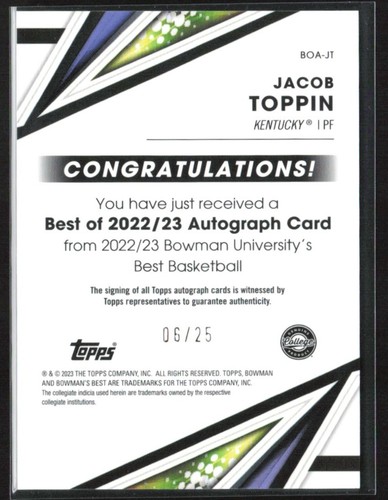 Jacob Toppin 2022-23 Bowman University Best of Speckle Refractor Auto ...