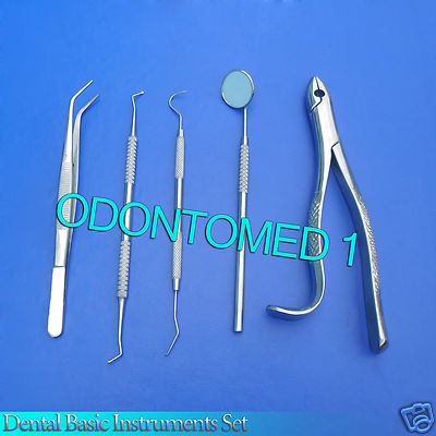 5 Dental Basic Instruments Set Mirror, Plier, Explorer, Extracting ...