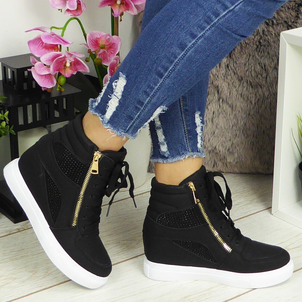 Ladies Hidden Wedge Trainers Womens Sneakers Lace Up Comfy Classic ...